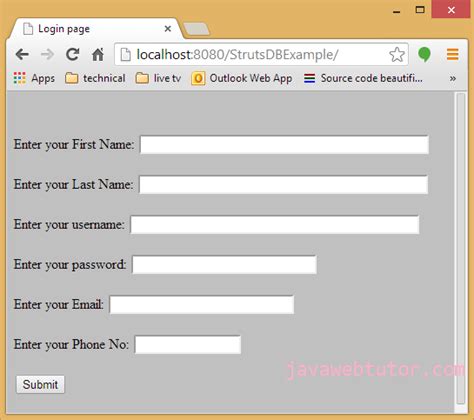 database connection in struts example java web tutor