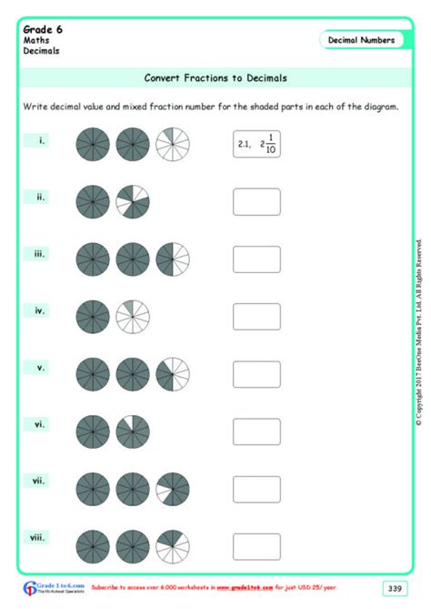 Grade 6 Converting Fractions To Decimals Worksheet