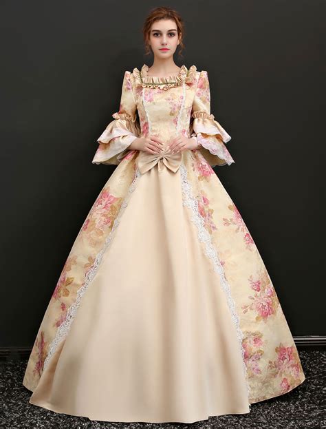 プリンセス 女性用 貴族ドレス 中世 ドレス シャンパンカラー 七分袖 サテンファブリック サテン パフォーマンス ドレス ロココ調 中世