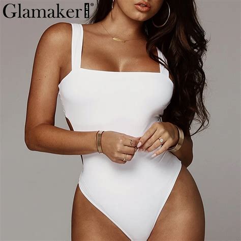Glamaker Bodycon One Piece Suits Sexy Bodysuit Women Spaghetti Strap