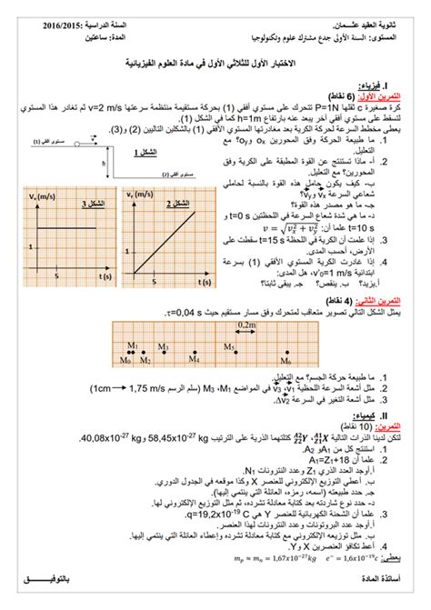 إختبار الثلاثي الأول في مادة الفيزياء الأولى ثانوي ج م ع ت 2015 2016