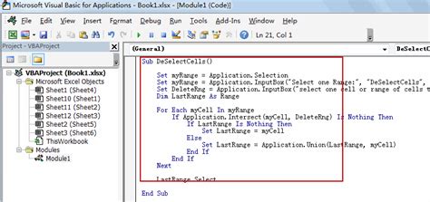 how to deselect cells from selected range with vba free