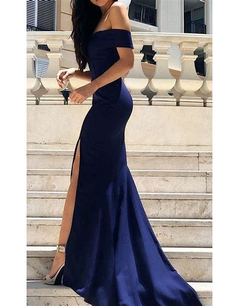 Navy Blue Stunning Off The Shoulder Bodycon Prom Dress With Slit 20081616