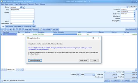 troubleshooting save invoice error arithmetic overflow error