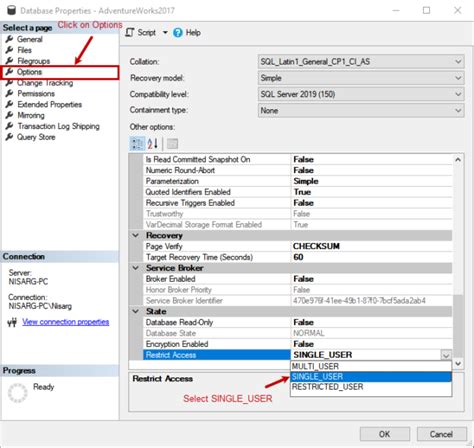 alter database set single user statement in sql server