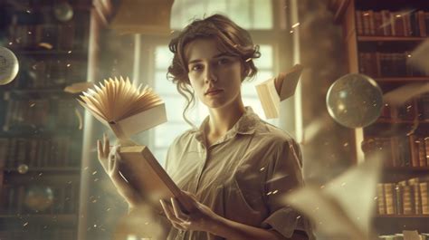 Woman Reading Magical Book Fantasy Library Levitating Objects