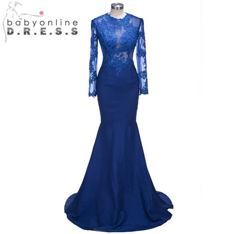 Elegant Royal Blue Lace Mermaid Long Sleeve Prom Dresses Sexy Illusion