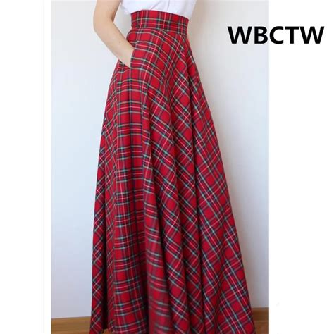 Womens Vintage Plaid Red Grid Pattern Plaid Pleated Long Skirt With