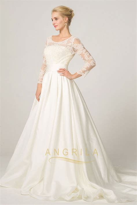 A Line Long Sleeves Illusion Neckline Bridal Wedding Dresses With Lace