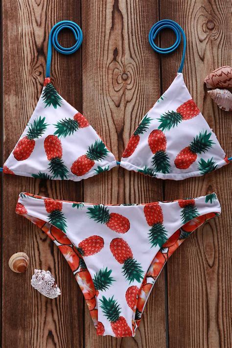 [11 Off] 2021 Pineapple Print Plunge Neck Bikini Set In White Zaful