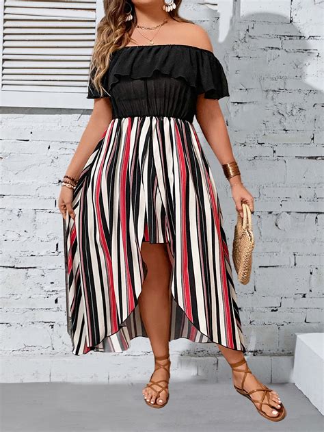 Shein Vcay Plus Striped Off Shoulder Ruffle Trim High Low Hem Dress