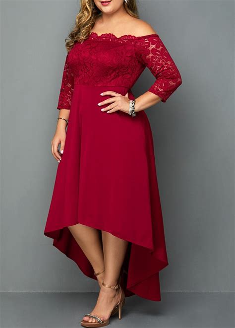 Lace Panel Off The Shoulder Plus Size High Low Dress Usd