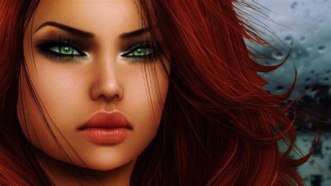 Download Green Eyes Face Red Hair Fantasy Woman Hd Wallpaper
