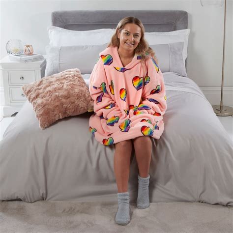 Dreamscene Rainbow Hearts Hoodie Blanket Blush
