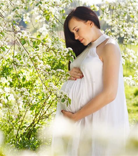 Portrait Of Beautiful Pregnant Woman In White Dress Stock Image Image