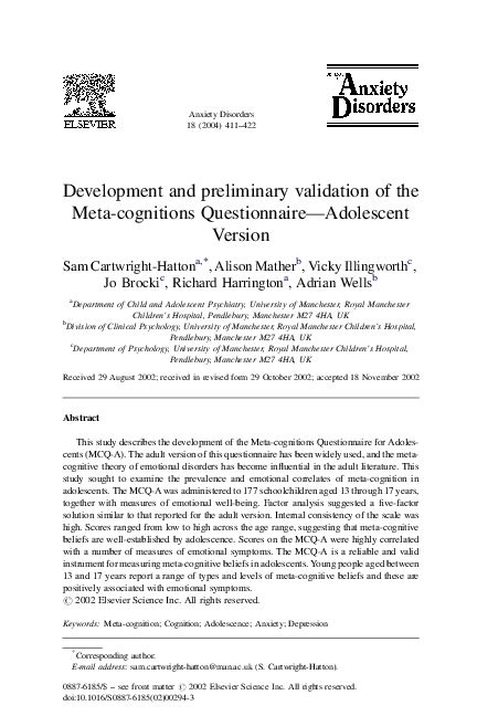 pdf development and preliminary validation of the meta cognitions