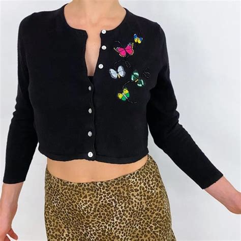 Y2k Black Cropped Butterfly Cardigan Gem