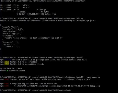 node js during installing express package in node js i got an error