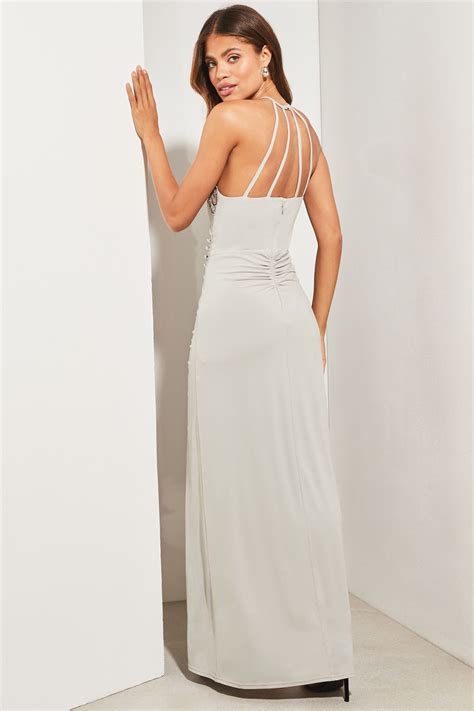 Buy Lipsy Sequin Lace Halter Maxi Ruched Dress With Side Split From