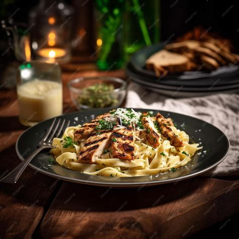 Premium Ai Image Delicious Fettuccine Alfredo With Grilled Chicken