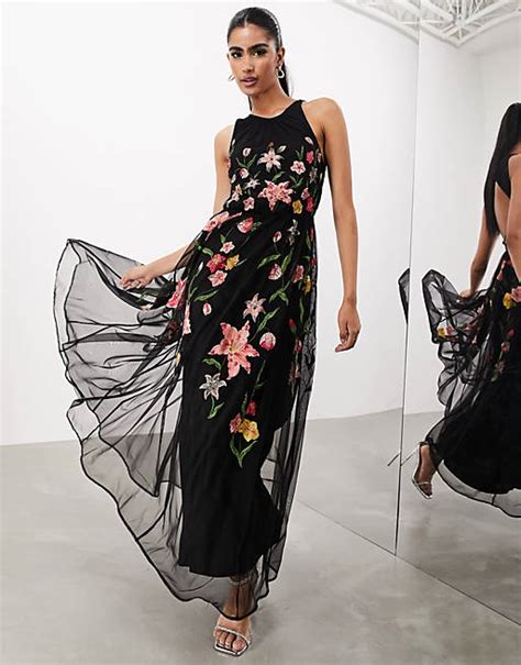 Asos Edition Mesh Halter Sleeveless Maxi Dress With Floral Embroidery