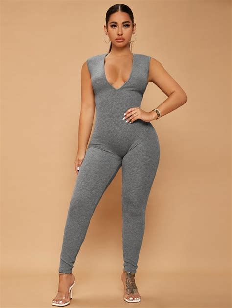 Shein Sxy Plunging Neck Unitard Jumpsuit Shein Usa