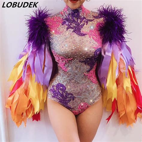 2020 Sparkly Rhinestones Colored Ribbon Tassel Sleeve Bodysuit Elastic