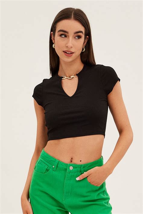 Black Crop Top Short Sleeve Notched Neck Chain Detail Ally Fashion