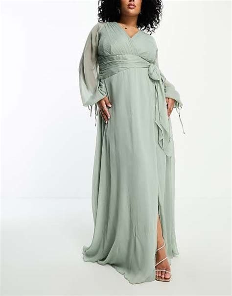 Asos Design Curve Bridesmaid Long Sleeve Ruched Maxi Dress With Wrap