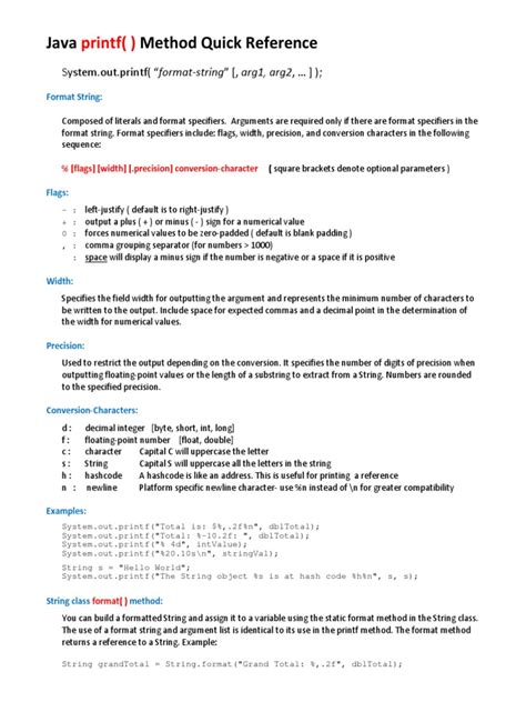 java printf method quick reference string computer science
