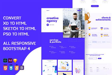 convert xd sketch psd files to html css responsive bootstrap 4 5