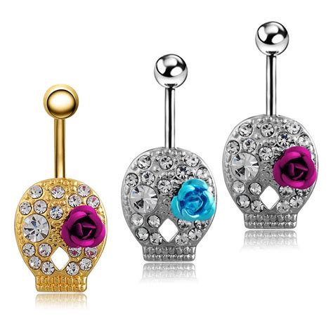 Womens Crystal Rhinestone Skull Rose Flower Navel Belly Button Ring