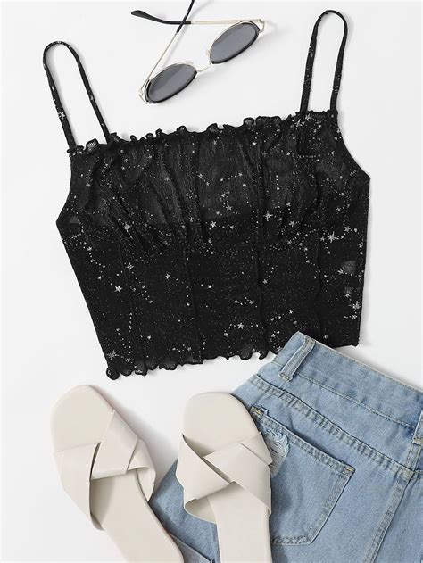 Shein Vcay Frill Trim Seam Front Glitter Mesh Cami Top Shein Uk