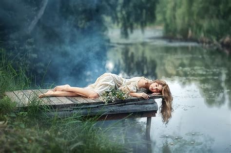 Hd Wallpaper Girl Flowers Pose River Mood Hair Chamomile Dress