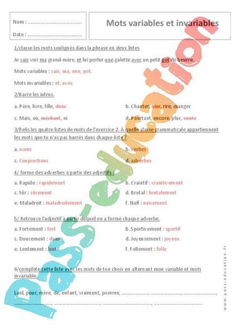 Mots Variables Mots Invariables 6ème Cours Exercices Corrigés