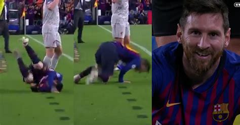 Watch Messi Caught Smiling At The Camera After Rolling Around Trying