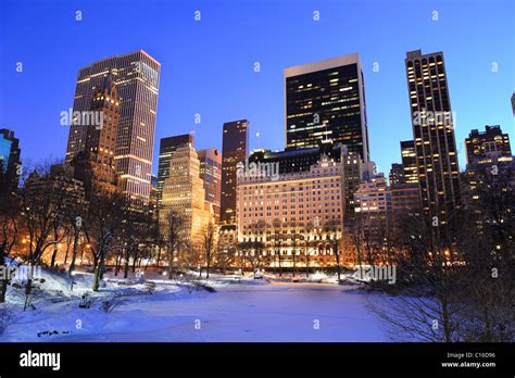 New York City Manhattan Central Park Panorama In Winter With Snow