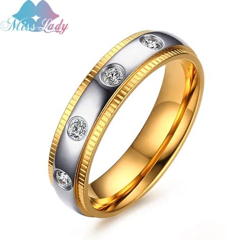 Miss Lady Stainless High Polished Steel Golden Zircon Lovers Rings Gold
