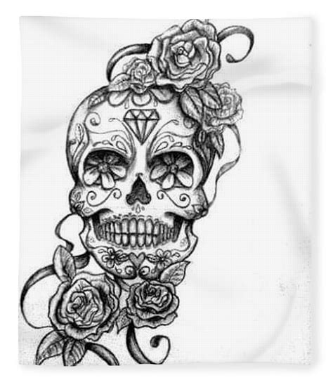 Sugar Skull With Roses Drawing