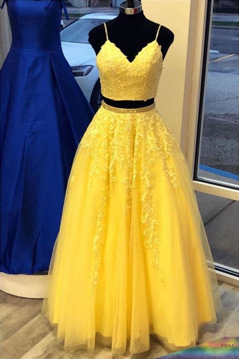 Apr 29 2020 Two Piece Yellow Prom Dress With Spaghetti Straps Lace
