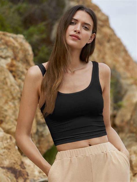 Shein Ezwear Rib Knit Crop Tank Top Shein Usa In 2023 Knitted Crop