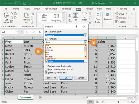 excel subtotal customguide