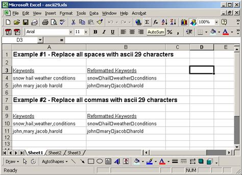 ms excel 2003 delimit values with ascii 29 character