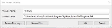 node js error can t find python executable system variables has