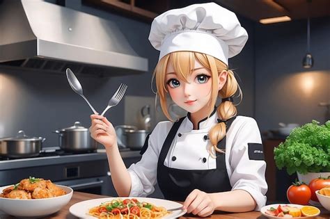 Premium Photo A Cute Anime Girl In A Chef X27s Uniform With Her