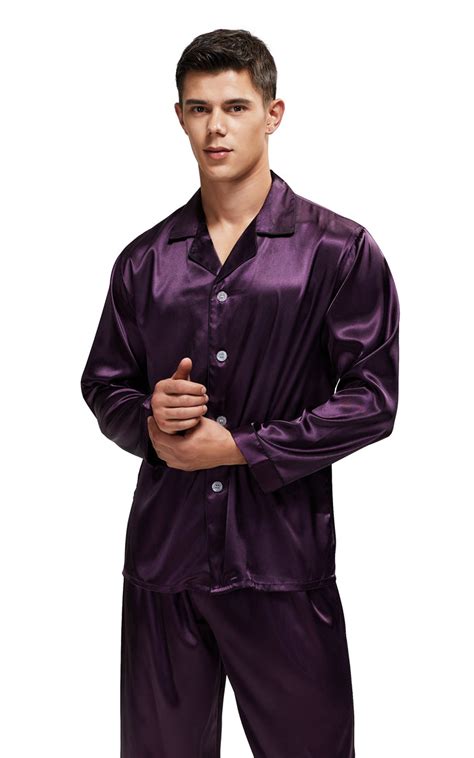 Mens Silk Satin Pajama Set Long Sleeve Dark Purple With Black Piping