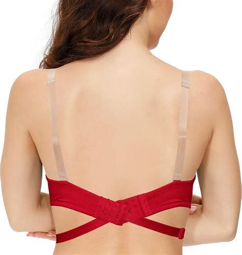 Hwdi Womens Plunge Deep V Push Up Low Back Convertible Bra With Clear