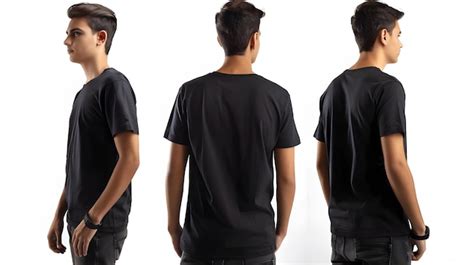 Young Male In Blank Black Tshirt Front And Back View Isolated White
