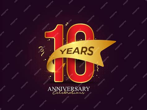 10주년 기념 로고 리본이 달린 골드 컬러가 우아하고 고급스럽습니다 프리미엄 벡터