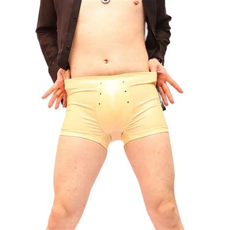 Sexy Men Hollow Plus Size U Convex Pouch Boxer Latex Punk Shiny Faux